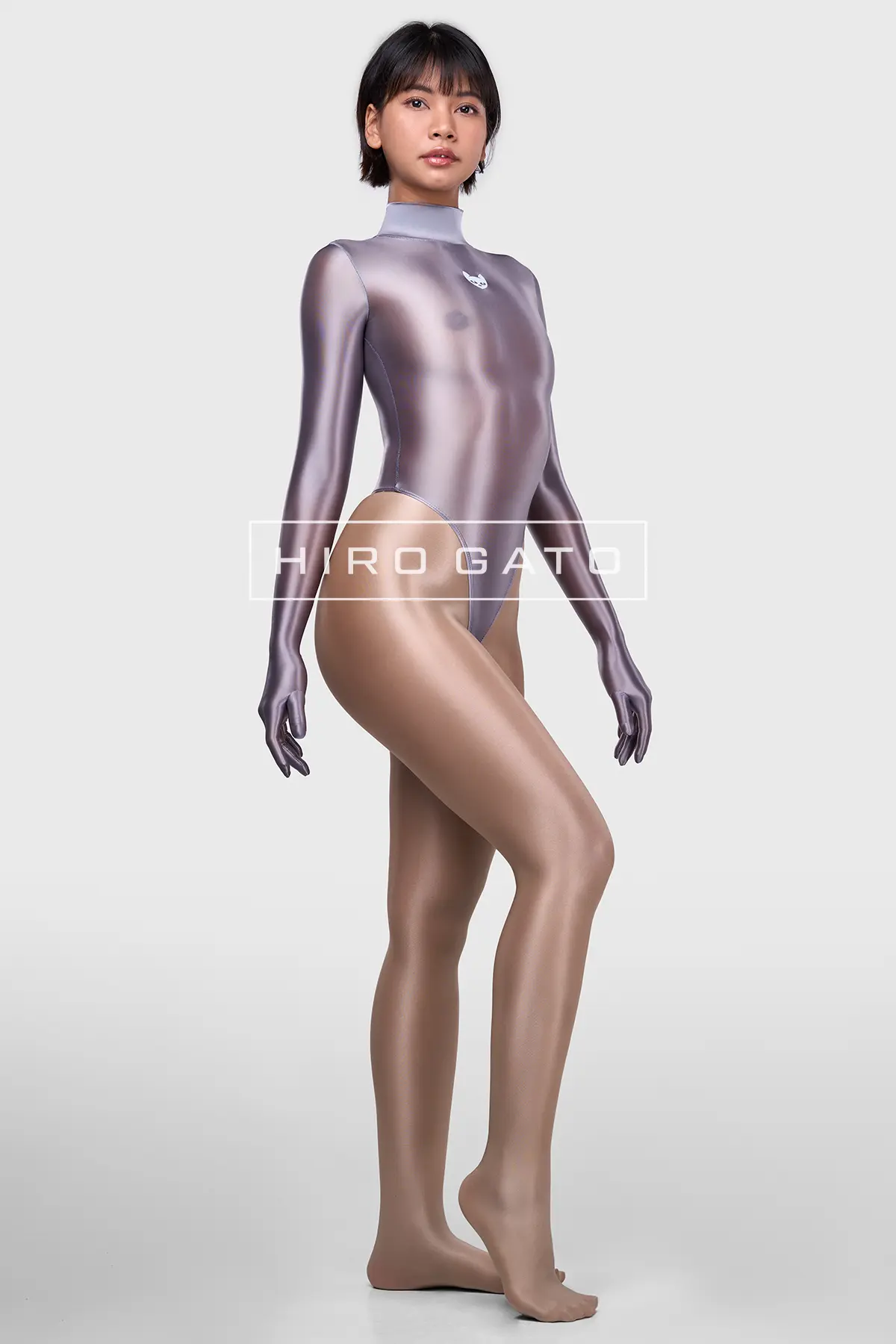 Sheer Nylon Leotard Silver Shiny See Through - Hiro Gato