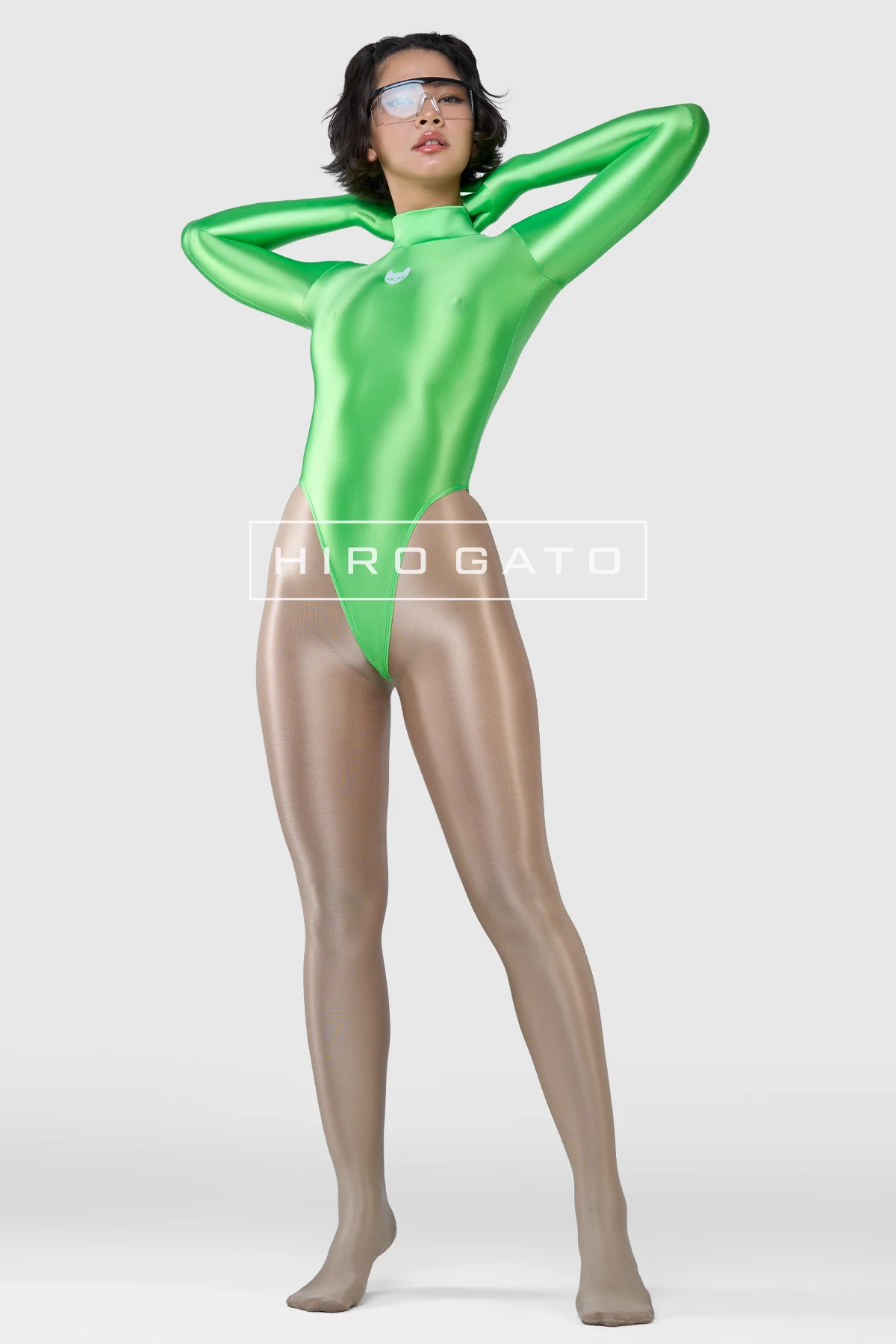 Satin Spandex Leotard UV Green Shiny Glossy Lycra - Hiro Gato